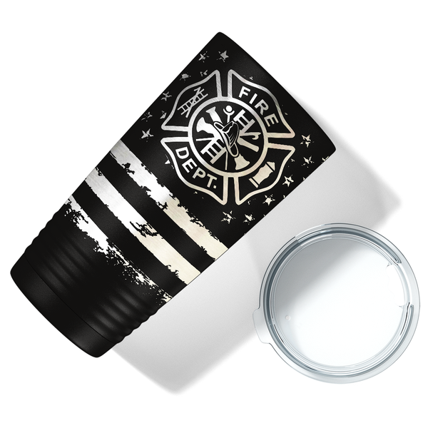 Firefighter Department Badge on Distressed Flag Engraved Wrap 20oz Bla ...